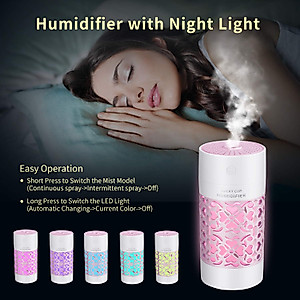 Portable Humidifiers Car Humidifier Cool Mist Humidifying for Kids Rooms Travel Office Bedroom with High and Low Mist Settings 7 Colors Night Light Auto Shut-Off 250ml Pink