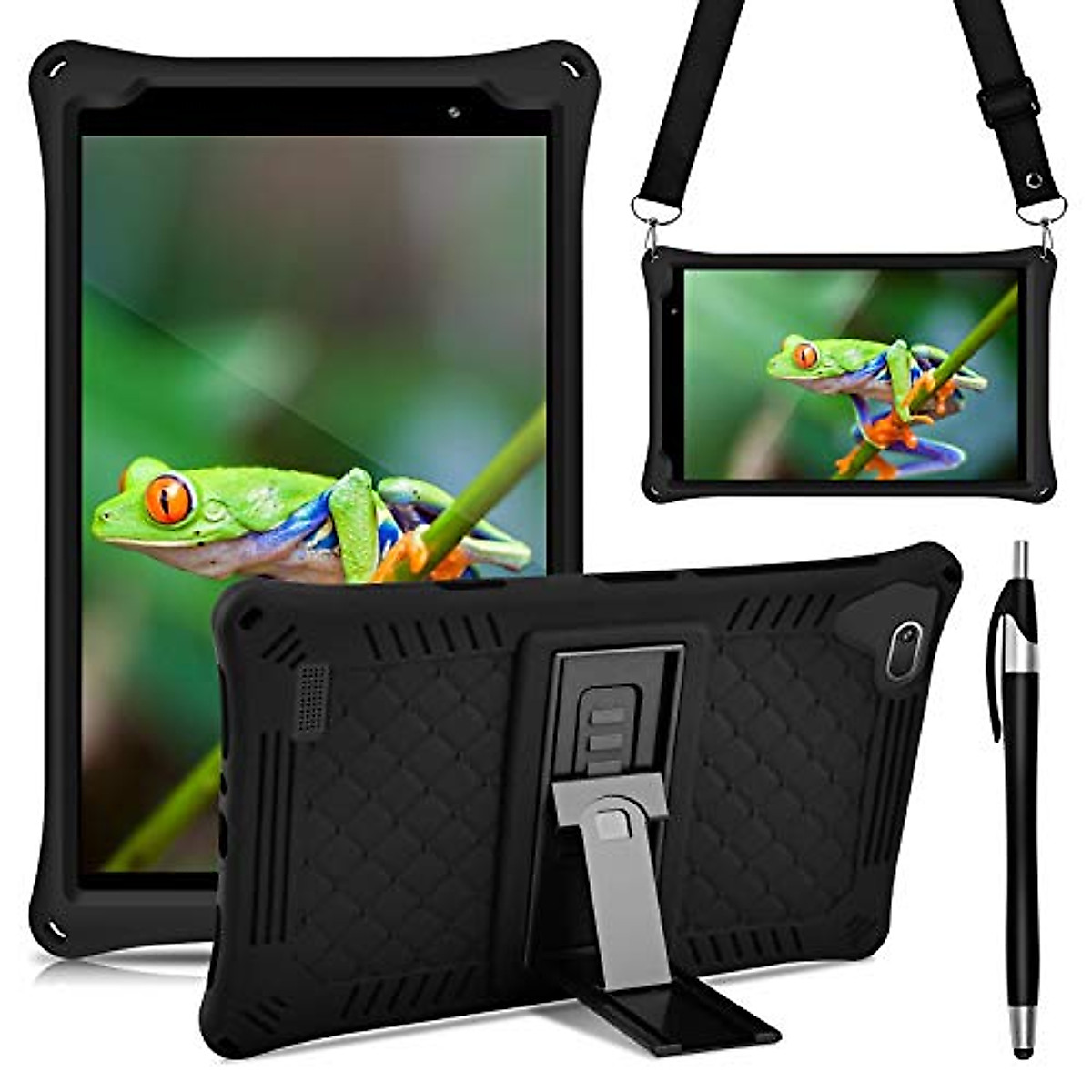 DETUOSI Silicone Case for Samsung Galaxy Tab A 8.0 2019, SM-T290/T295 Multi-Angle Stand Case with Shoulder Strap & Stylus Pen, Soft Lightweight Cover for TCL TAB 8 LE, Black