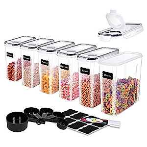 ME.FAN Cereal Storage Containers [6 Set] Airtight Food Storage Containers 2.5L(85.4oz) - Kitchen Storage Keeper with 5 Set Measuring Cups, 24 Chalkboard Labels & Pen (Black)