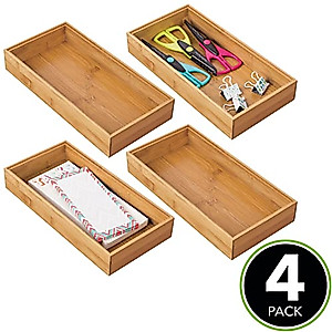 mDesign Wooden Bamboo Drawer Organizer for Office - 12" Long Stackable Storage Box Tray for Desk Drawers/Cabinet - Junk Drawer and Accessories Organization - Echo Collection - 4 Pack - Natural Wood