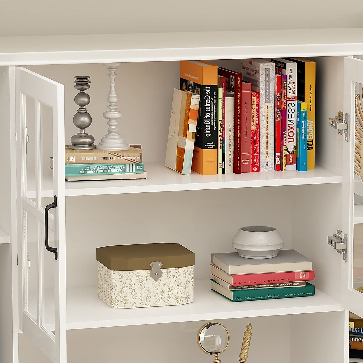 Homsee Tall Bookcase Bookshelf with 15 Storage Shelves, Drawers & 4 Glass Doors, Wooden Display Storage Cabinet with 15 Compartments for Home Office, Living Room, White (63" W x 15.7" D x 78.7" H)