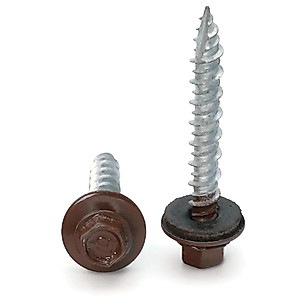 Hex Washer Head Hi-Lo Thread Mechanical Galvanized Roofing Screws Brown Finish - #10 x 1-1/2" Qty 100