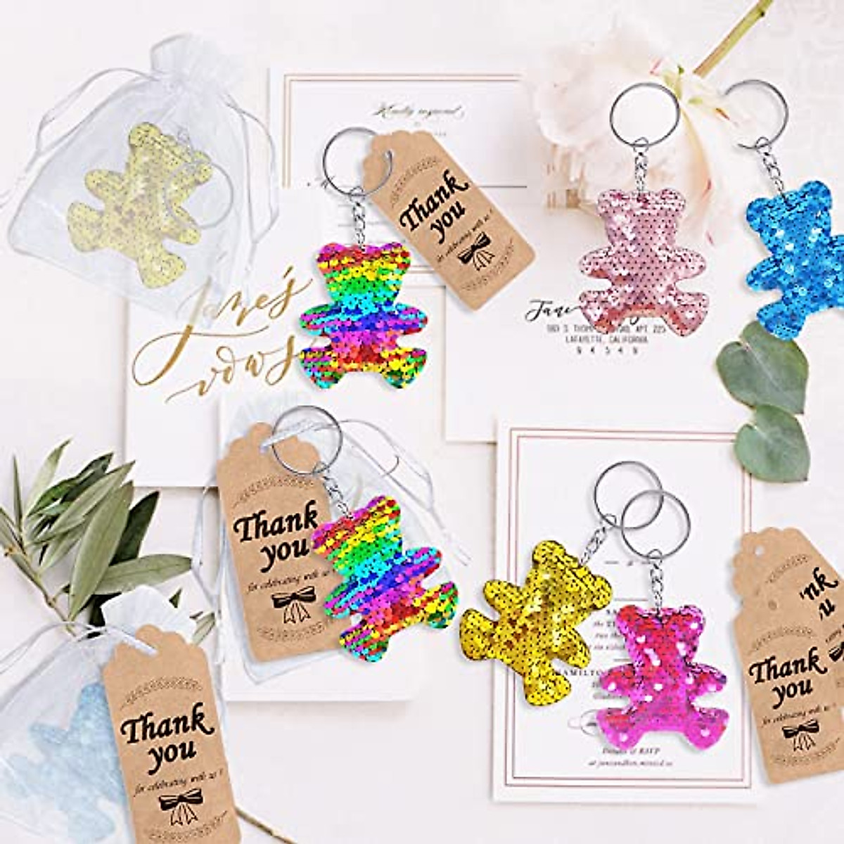 CiciBear 60 Pack Stuffed Bear Sequin Keychains Set with 20 Bear Keychains, 20 Thank You Tags and 20 Gift Bags for Bear Party Favors, Kids and Adults Birthday Gift,Baby Shower,School Carnival Rewards