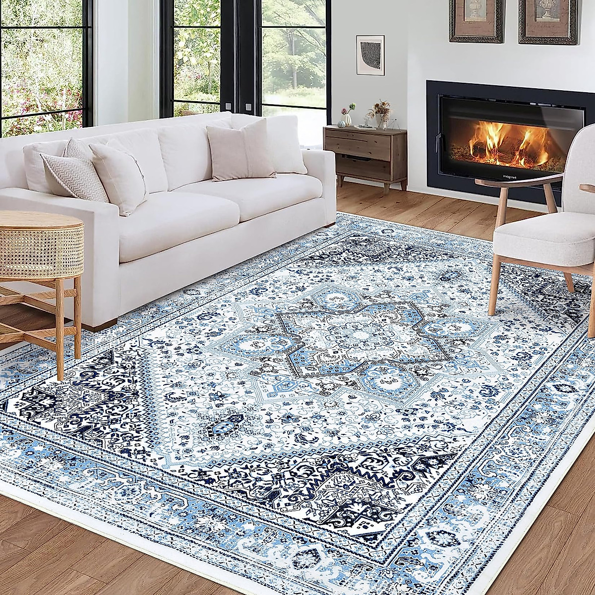 RUGSREAL Bohemian Floral Medallion Area Rug 5x7 Oriental Blue Large Bedroom Rug, Soft Non-Slip Washable Dining Room Mat Indoor Nursery Floor Carpet for Guest Room Entryway, 5x7 Blue