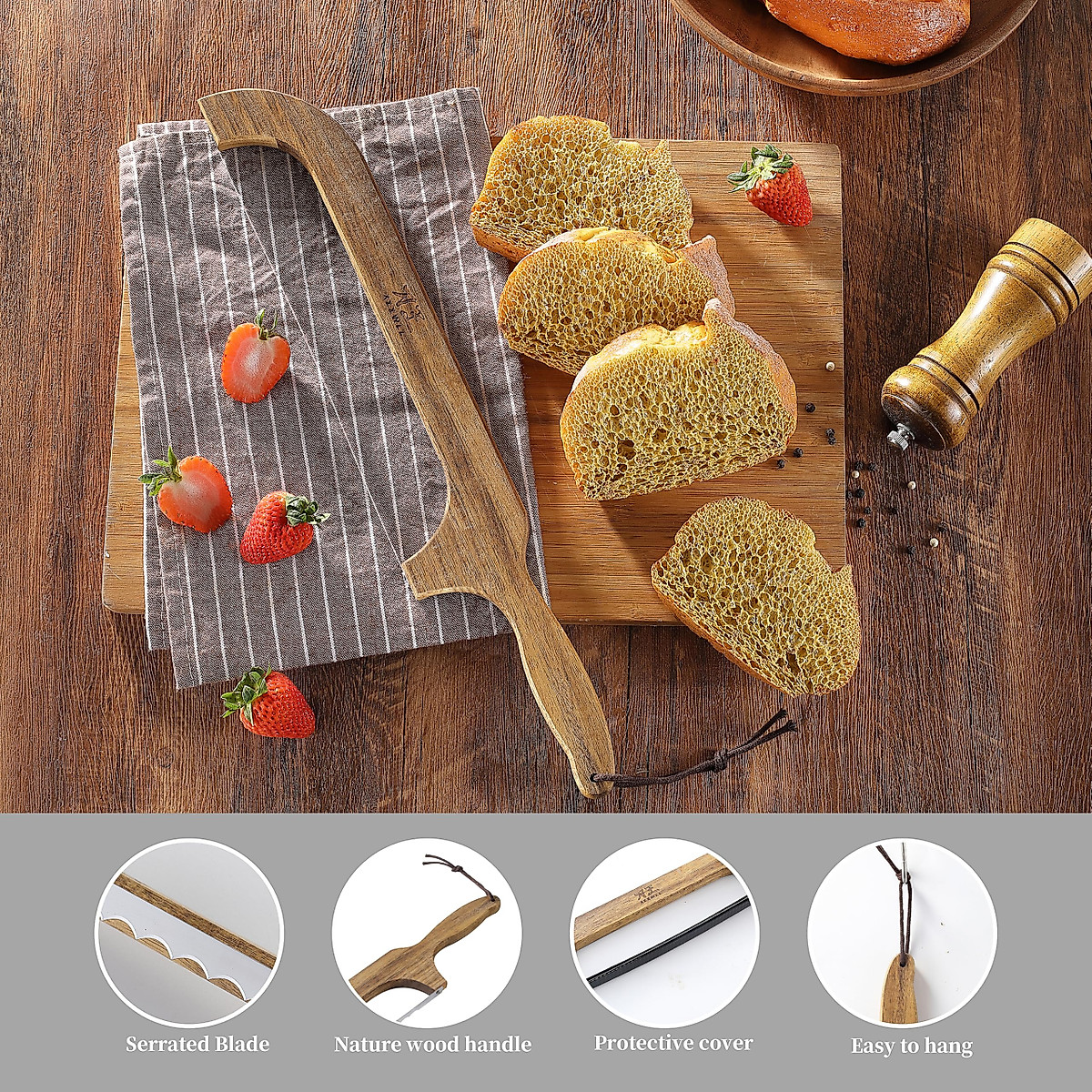 XZZWLL Bread Knife for Homemade Bread, 16.7" Wooden Serrated Sourdough Bread Knife, Stainless Steel Pointed Tips Blade and Bread Bow Knife Design, Bread Slicer for Homemade Bread