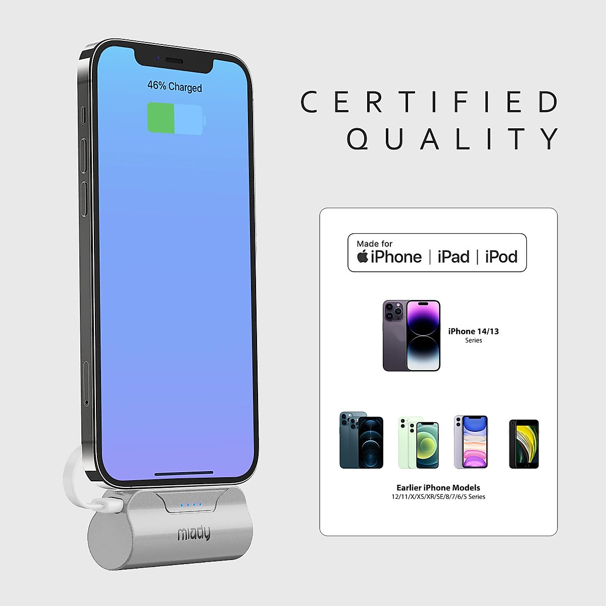 Miady 5000mAh Mini Portable Charger for iPhones, MFI-Certified Portable Phone Charger, Backup Battery Pack Charger Compatible with iPhone 14/13/12/11/X/XS/XR/8/7/6/5 Series (Silver)