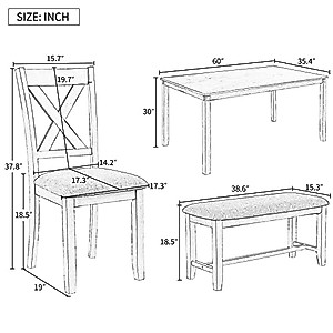 UBGO, 6 Piece Rustic Wooden Diningtable Dinette, Dining Room Furniture Set, Include Wood Table, Bench & 4 Chairs with Burlap Foam Cushion, for Home Living Space, (Espresso) B