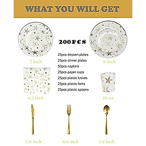 CONRADY 200 PCS Gold Star Disposable Party Dinnerware Set,25pcs Paper Plates, Dessert Plates, Paper Cups,Plastic Cutlery Set(Knives,Forks,Spoons) and 50pcs Napkins for Party Serves 25(Gold)