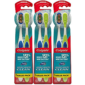 Colgate 360 Medium Toothbrush with Tongue and Cheek Cleaner, 6 Count