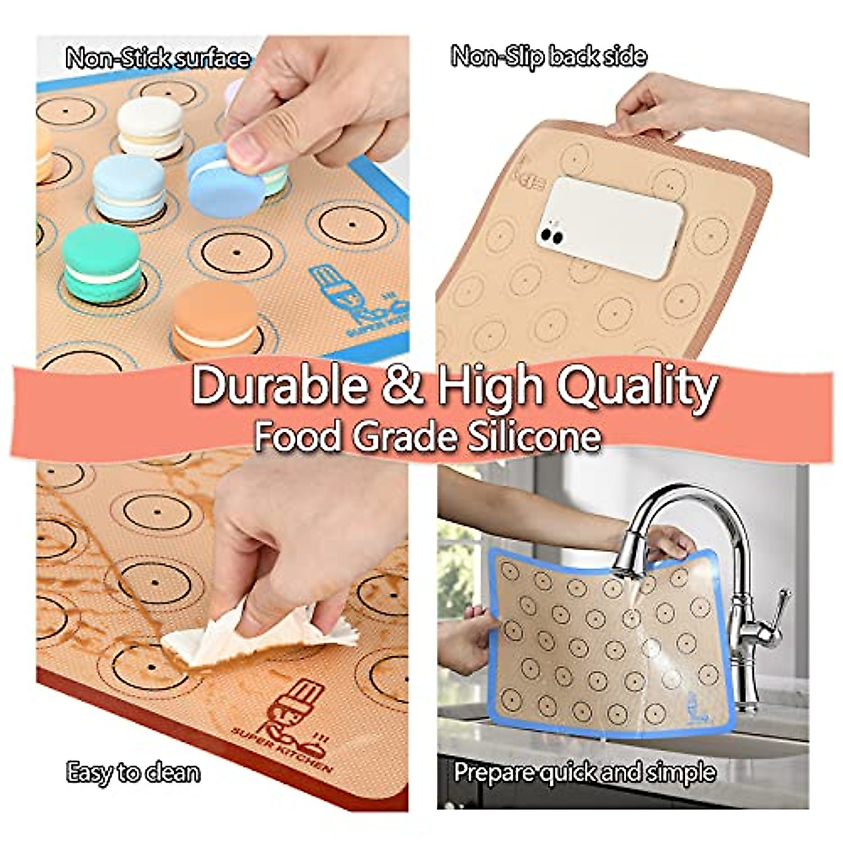 Silicone Baking Mat Macaron - Set of 3 (2 Half Sheet Liners and 1 Quarter Sheet), Non Stick Silicon Cookie Oven Liner For Macaroons, Bake Pans, Pizza, Toaster, Cake and Bread Making (Red,Blue,Gray)