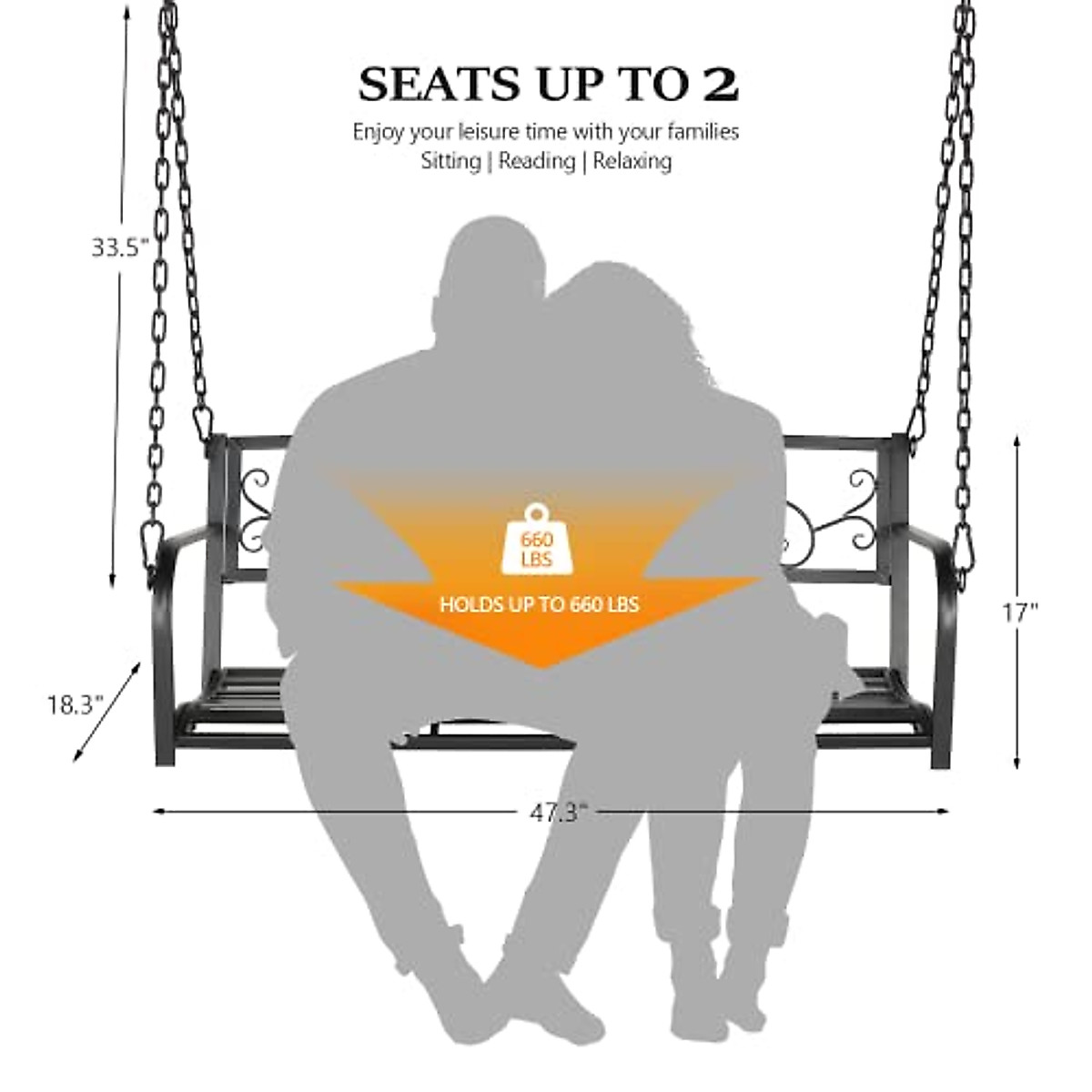 VINGLI Upgraded Metal Patio Porch Swing, 660 LBS Weight Capacity Steel Porch Swing Chair for Outdoors, Heavy Duty Garden Swing Bench for Gardens & Yards (Pattern 1)