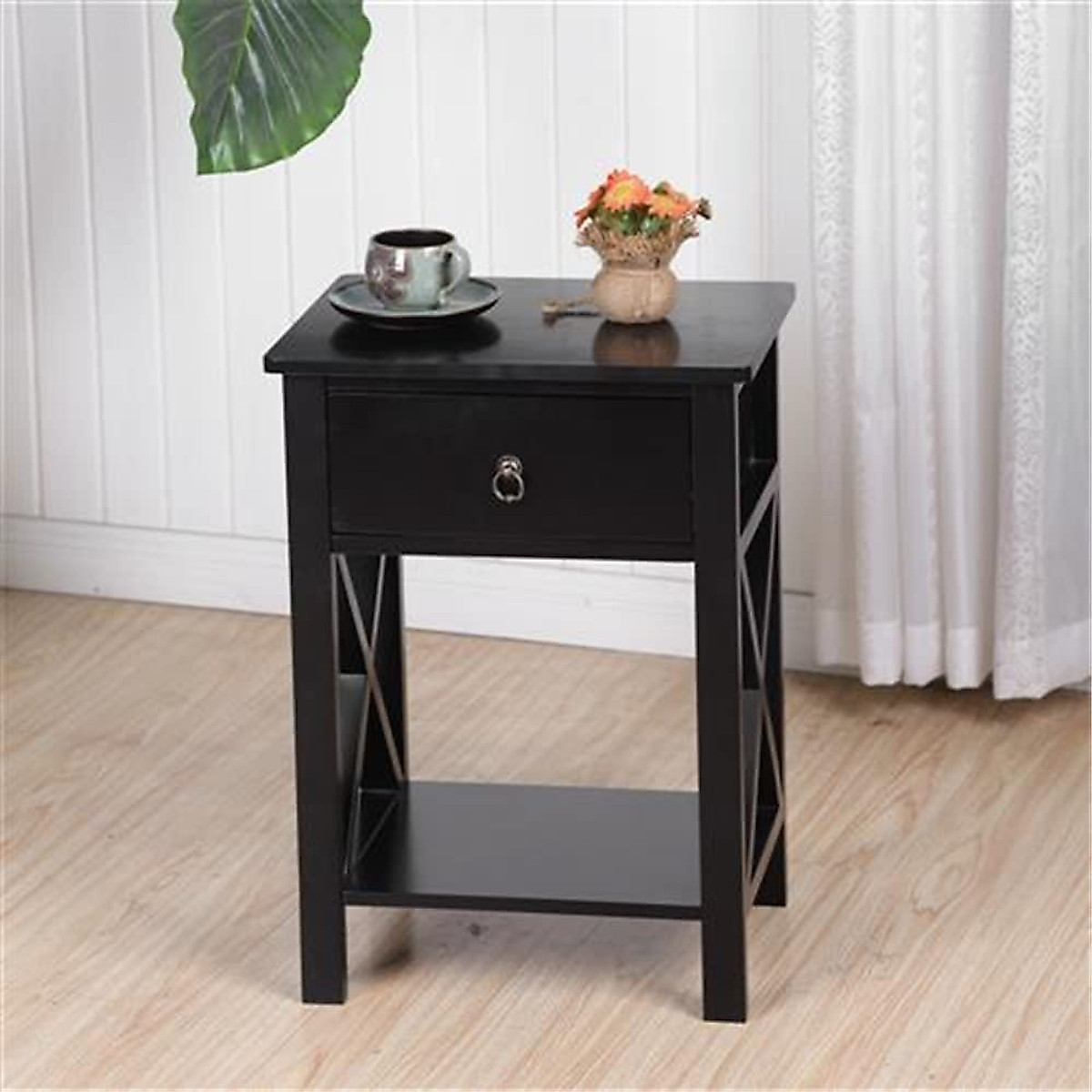 Black Side Table, End Table with 1 Drawer, 1 Open Shelf End Table Storage Shelf, Side Table Modern Nightstand, Sofa Beside Table for Living Room, Foyer, Bedroom (40 x 30 x 55) cm (L x W x H)