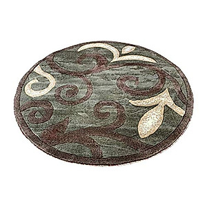 Modern Round Area Rug Contemporary Sage Green & Brown Floral Tropical Design 525 (4 Feet X 4 Feet)