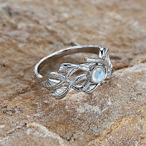 Angol Genuine Moonstone Ring Sterling Silver Leaf Moonstone Ring Statement Band Finger Minimalist Ring for Women with Gift Box (9)