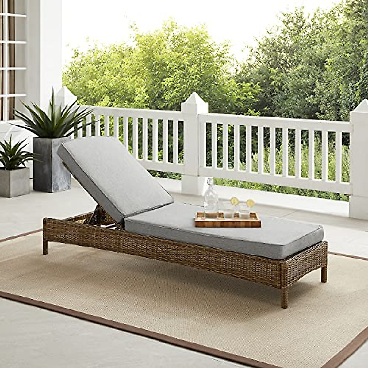 Crosley Furniture Bradenton Reclining Wicker Outdoor Chaise Lounge Chair for Patio, Deck, Backyard, Poolside, Weathered Brown with Gray Cushions