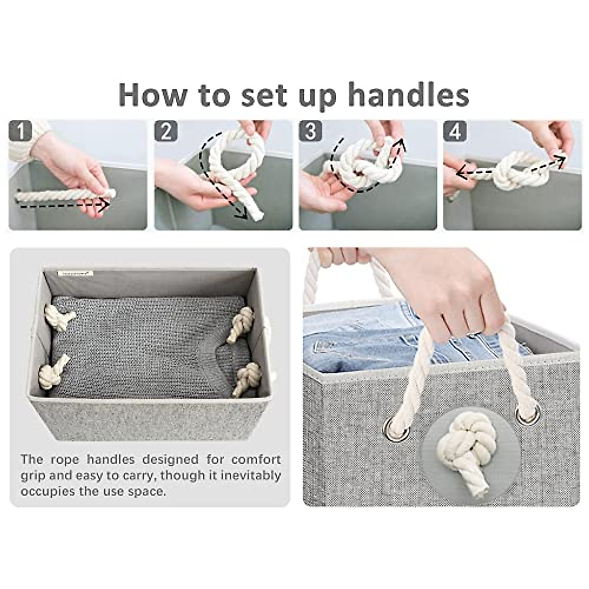 StorageWorks Storage Bins with Lid and Soft Rope Handles, Foldable Storage Basket, Gray, 3-Pack, Large,15.25x10.75x8.25 inches (LxWxH)