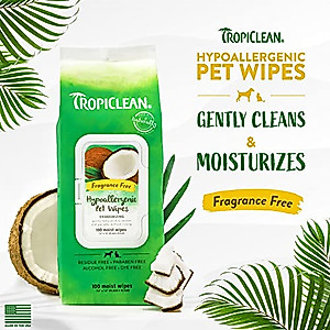 TropiClean Hypoallergenic Dog Wipes for Paws and Butt | Fragrance Free Dog Grooming Wipes | Safe for The Face | Puppy & Cat Friendly | 100 Count
