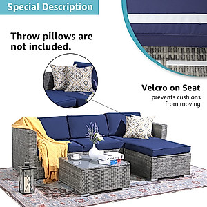 Patiorama 5 Piece Outdoor Patio Furniture Set, Outdoor Sectional Conversation Set, All-Weather Grey PE Wicker w/Navy Blue Cushions, Outdoor Backyard Porch Garden Poolside Balcony Furniture Set