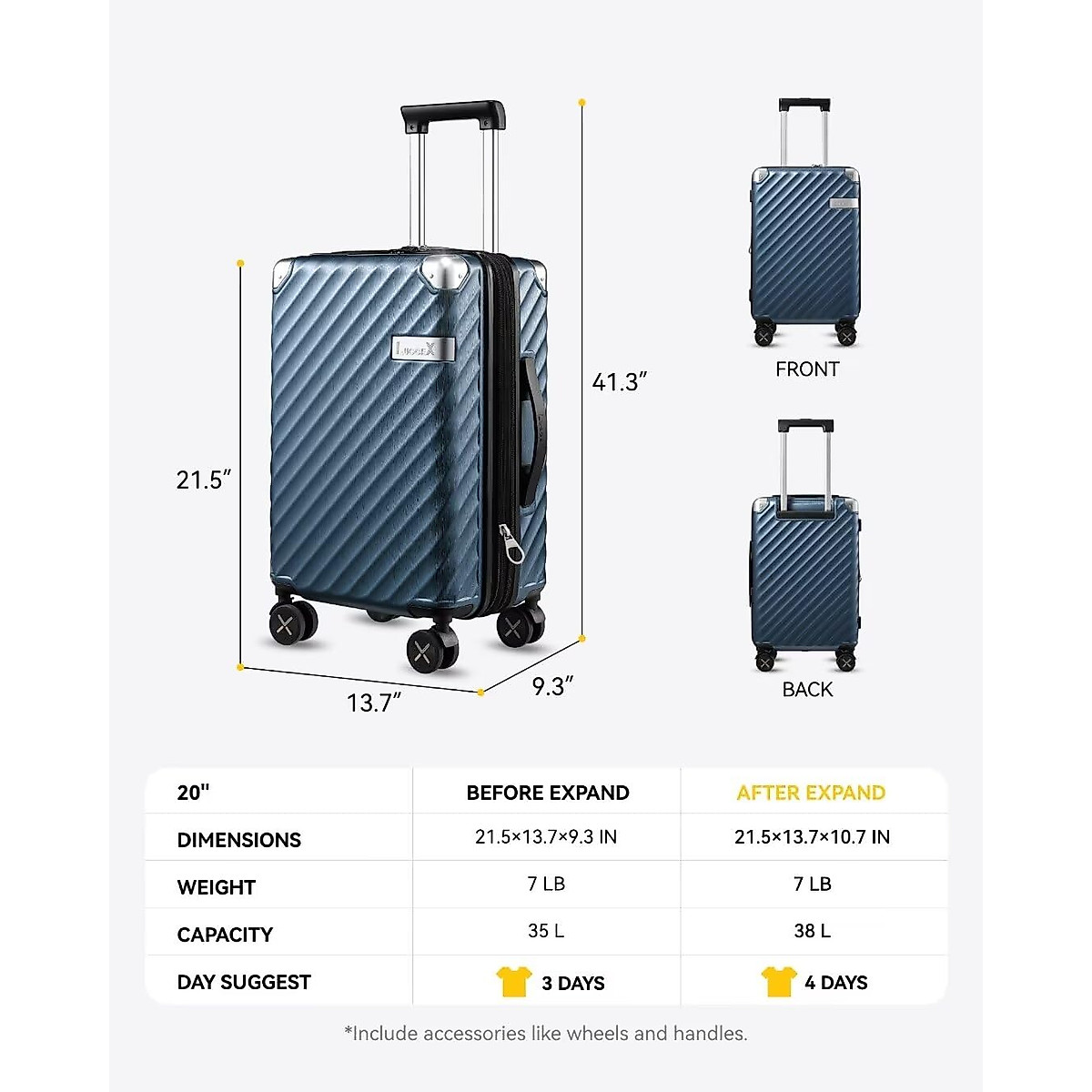 LUGGEX Luggage with Spinner Wheels, Polycarbonate Expandable Hard Shell Suitcase, Carry On 20 Inch, Silver
