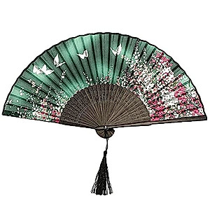 RAZZUM Decorative Folding Fans Silk Hand Fan Chinese Spun Silk Flower Printed Folding Fan Chinese Style Ladies Wind Craft Fan Silk Fan Cherry Fan Antiquity Fan (Color : 4)