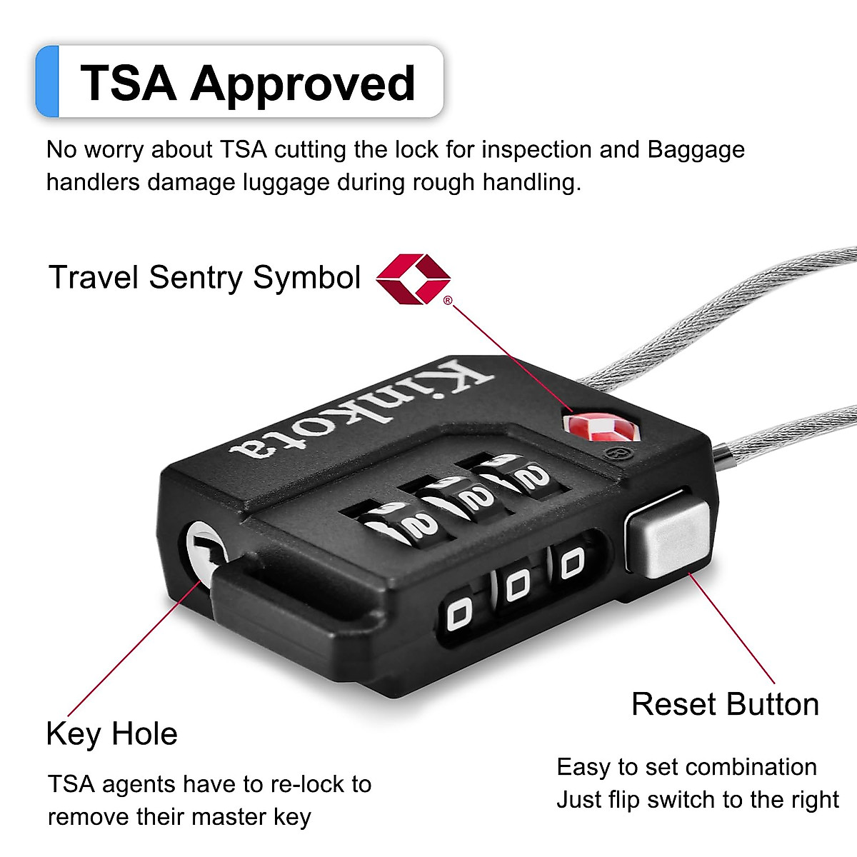Kinkota Luggage Locks TSA Approved, 3 Digit Cable Combination Lock, Plastic TSA Lock for School, Gym, Suitcase, Baggage (2 Pack)