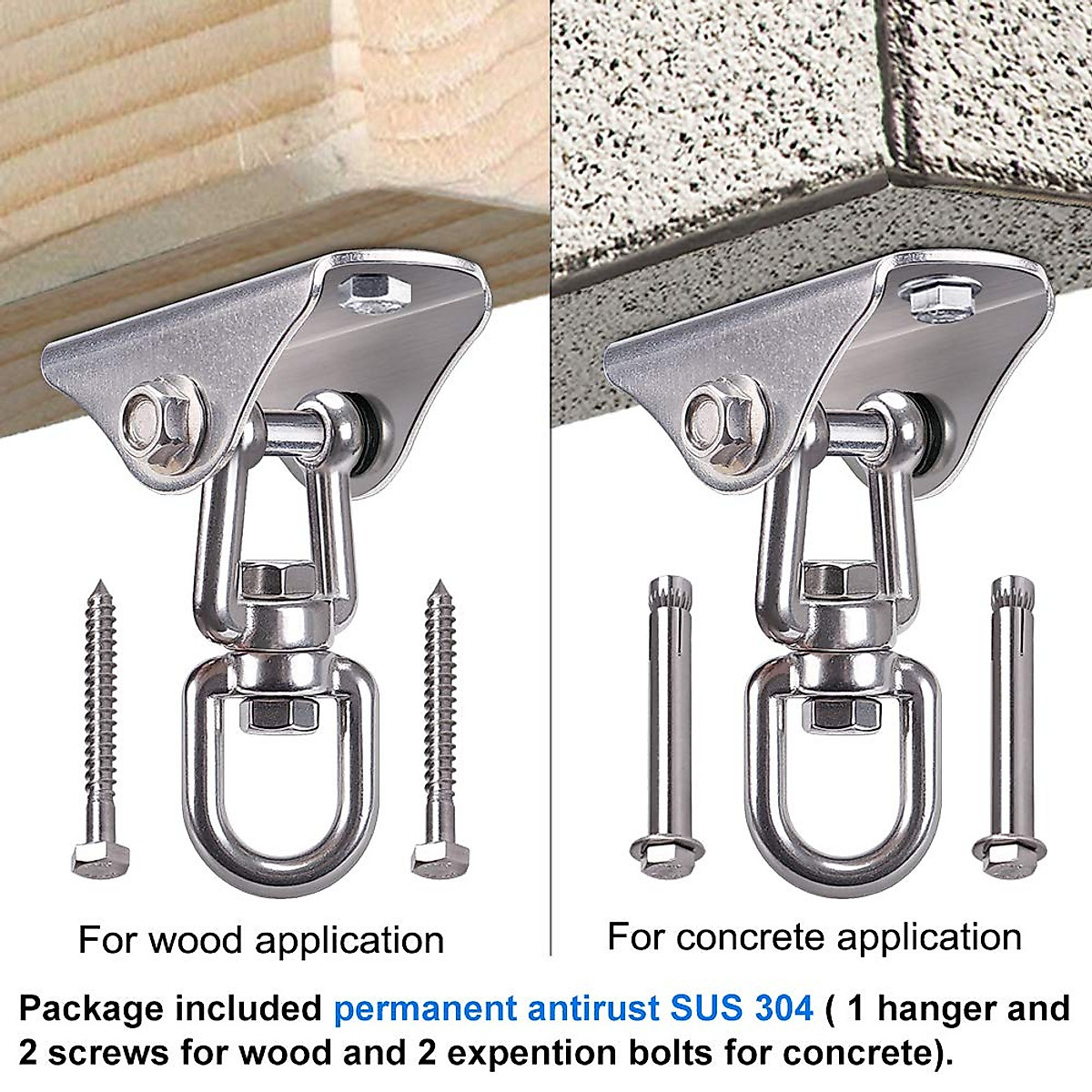 BeneLabel Permanent Antirust Stainless Steel Heavy Duty Swing Hanger, 1000 LB Capacity, 2 Screws for Wooden and 2 Expansion Bolts for Concrete, Yoga Hammock Chair Sandbag Swing Sets, 360° Swing