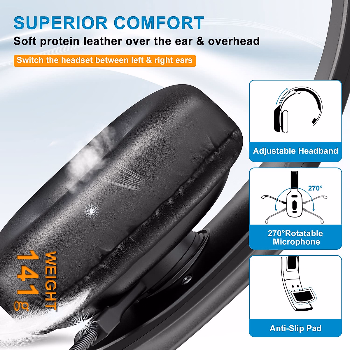 LEAYU Trucker Bluetooth Headset with Noise Canceling Microphone & Mute Button - Up to 60Hrs Worktime, Wireless Headphones for PC Computer Cell Phone Driver Home Office Work (Black)