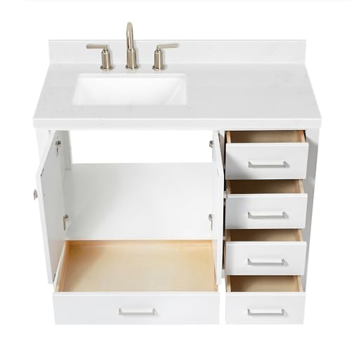 ARIEL Cambridge 42 Inch Bathroom Vanity with Sink, White Bathroom Vanity, Solid Wood Vanity Base Cabinet, Carrara White Quartz 1.5" Edge, Rectangular Single Sink, 2 Soft Closing Doors, 5 Drawers
