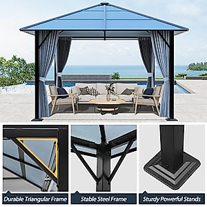 Funny Sunny10'x10' Hardtop Gazebo, Outdoor Gazebo with Translucent Roof, Polycarbonate Top Steel Frame Garden Tent with Breathable Mesh and Privacy Curtains for Patio Lawn Garden Backyard, Gray