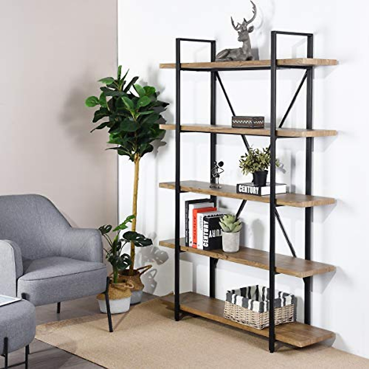 5-Tier Industrial Bookcase with Rustic Wood and Metal Frame, Large Open Bookshelf for Living Room