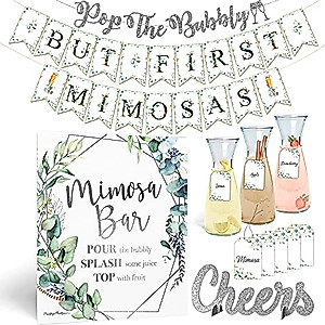 Elegant Mimosa Bubbly Bar Kit - Black and White Champagne Brunch Decorations for Birthday Galentine's Day Bridal Brunch Baby Shower Supplies Red Wine Women Adult Games, Silver Bubble Banner Sign (Red)