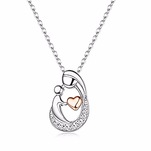 MILACOLATO Mother Pendant Necklaces S925 Sterling Silver Mother Daughter Necklaces 18K White Gold Filled Mom and Child Heart Birthstone Necklace Mother's Day Gifts for Mom New Mum Grandma Women Wife