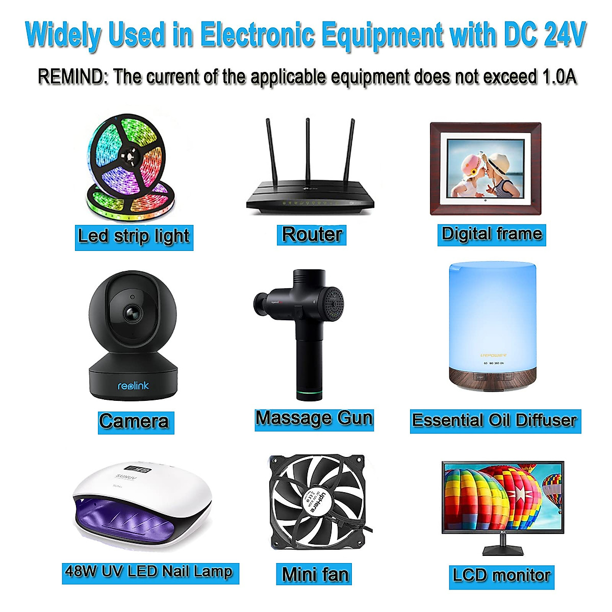 TKDY 24V 1A Power Supply Cord White, 110-240V AC to 24Vdc 24W Class 2 Adapter, DC24V Switching Charger for 24 Volt 1.0A 1000mA 0.75A 750mA 0.5A 500mA Diffuser Humidifier LED Light.