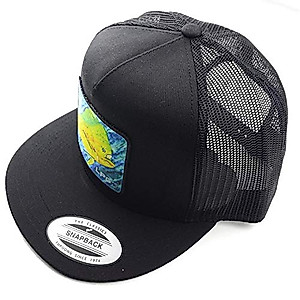 LPG Apparel Co. Mahi Vibes Cali Style Snapback Flat Brim Fishing Art Patch Series Baseball Hat Black, Large