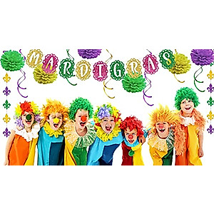 Mardi Gras Party Banner Hanging Swirls, Paper Pom Poms Flowers Fleur De Lis Garland Banner - Mardi Gras Hanging Tissue Decor Banner for Party Decorations Carnival Anniversary Home Decoration Supplies
