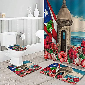 4 Piece Shower Curtain Sets Puerto Rico Flag Frog with Awesome Hibiscus Ocean Coastal Architecture Include Non-Slip Rug,Toilet Lid Cover,Bath Mat& Shower Curtain Waterproof with 12 Hooks for Bathroom