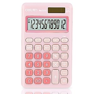 deli Standard Function Basic Calculator, 12 Digit Desktop Calculator with Large LCD Display, Solar Battery Dual Power Office Calculator, Pink
