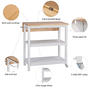 Spirich Home Kitchen Island Cart on Wheels, 3-Tier Rolling Utility Cart with Storage, Small Kitchen Island with Drop Leaf and Towel Rack for Dining Room, White