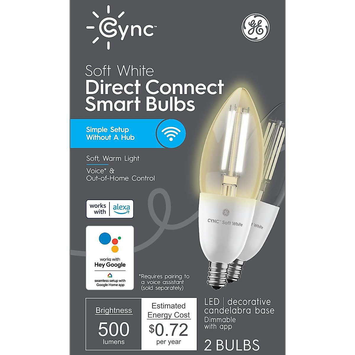 GE CYNC Smart LED Light Bulb, B11 Candle Light Bulb, Works with Amazon Alexa and Google Home, WiFi Light, 60W Equivalent, Soft White, Small Base (Pack of 2)