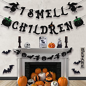 Halloween Decorations - Glittery Black I Smell Children Banner, Halloween Garland with Witch, Witch's Brew, Pumpkin and Halloween Bats for Halloween Party Decorations, Hocus Pocus Decorations