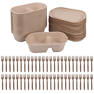 50Pcs Disposable Bowls with Lids and Forks,2 Compartment Paper Pulp Compostable Food Storage Container,Biodegradable Disposable Bowls Leakproof and Microwave Safe,for Hot/Cold Use