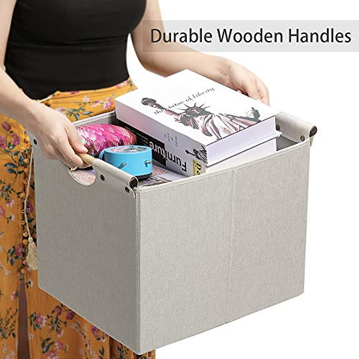 HOONEX Large Foldable Storage Bins, Linen Fabric, 2 Pack, with Wooden Carry Handles and Sturdy Heavy Cardboard, for Home, Office, Car, Nursery, Beige