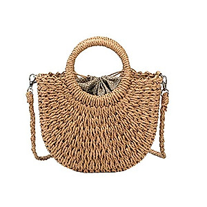 Rattan Handmade Straw Tote Handbag Beach Shoulder Bag Summer Beach Rattan Bag Straw Bag (White)