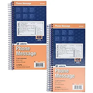 Adams SC1154-2D Phone Message Book, 5.25 x 11 Inch, Spiral Bound, 2-Part, Carbonless, 4 Messages per Page, 400 Sets, 2-Pack, White and Canary (S1154-2D)