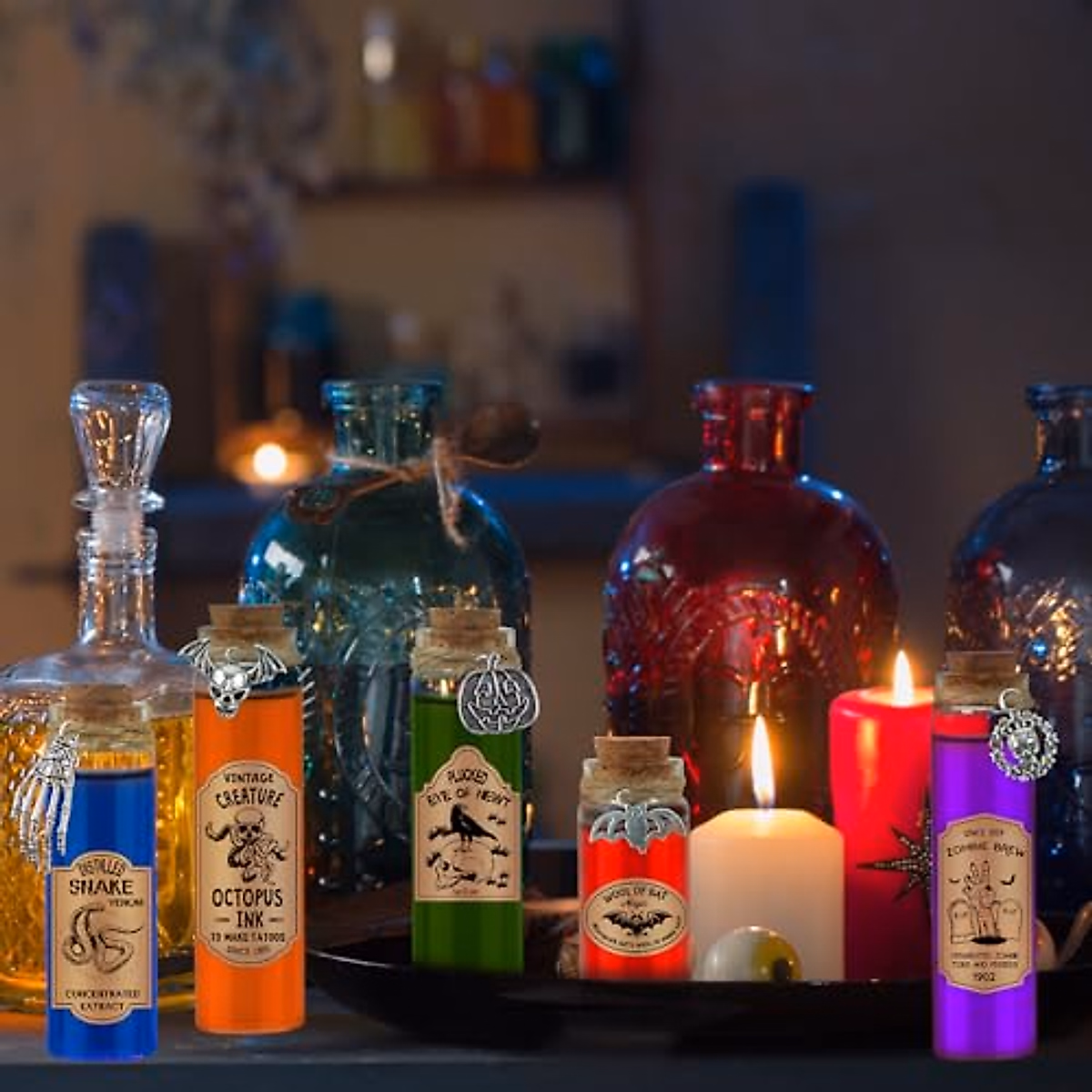 Luckyhern 64 Pcs Halloween Potion Bottles Apothecary Bottles with Halloween Stickers and Pendants for Halloween Indoor Decor Halloween Tiered Tray Table Home Room Party Supplies