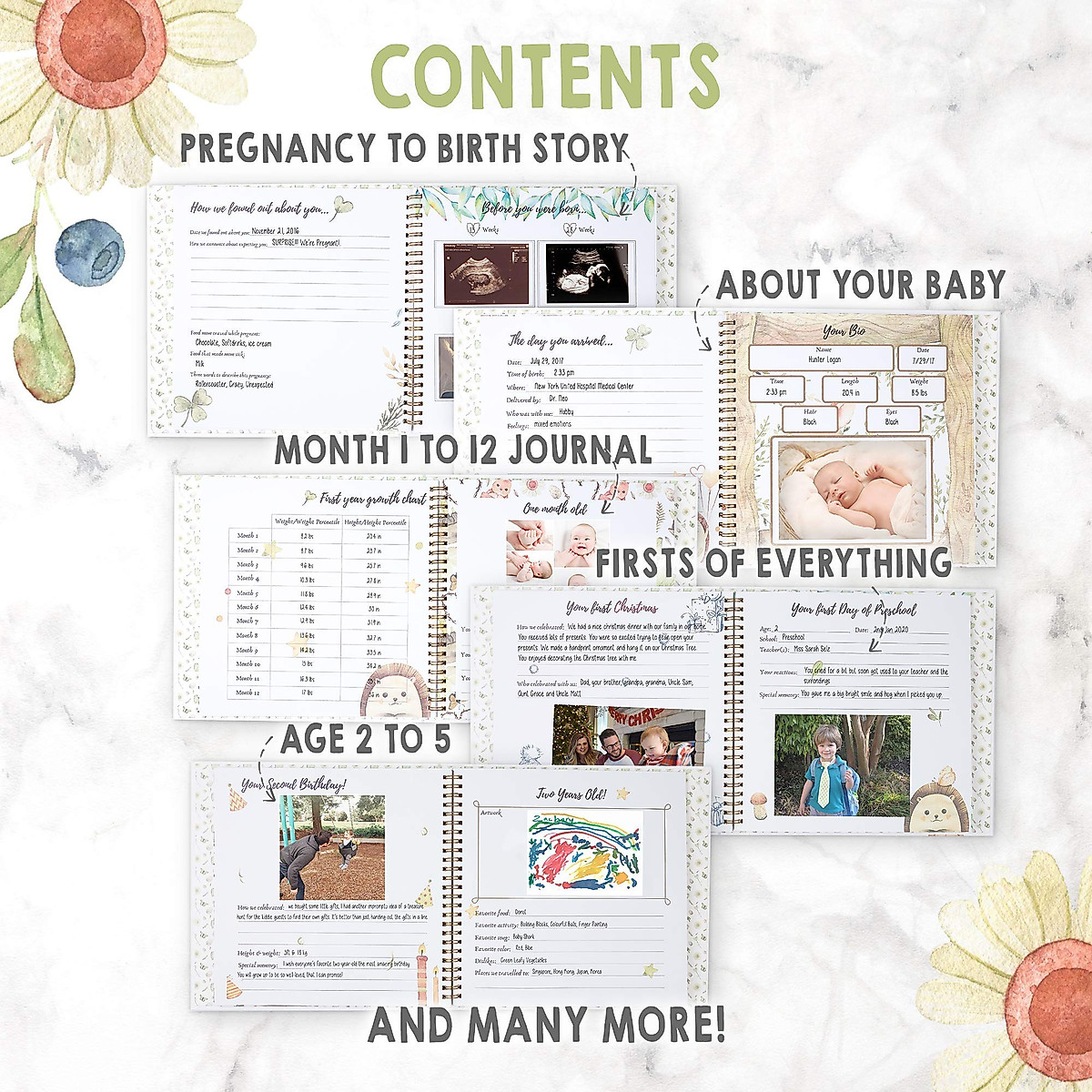 Newborn Baby Keepsake Set Bundle - Baby First 5 Years Memory Book & Baby Handprint Footprint Keepsake Photo Frame - Baby Nursery Art Kit and Journal For Baby Boys & Girls