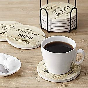 LIFVER Funny Coasters for Drinks with Holder, Set of 8 Marble Style Absorbent Drink Coasters with Cork Base, House Warming Gifts New Home, Perfect for Home Decor, Bar Coaster with 4 Sayings, 4 inch