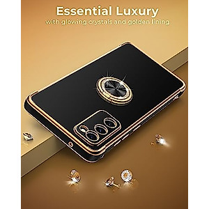 Miss Arts for Samsung Galaxy S20 FE 5G Case, Ring Holder Stand Luxury Bling Electroplated Phone Case with Strap, Cute Soft TPU for Galaxy S20 FE 5G Cover for Women Girls, Black