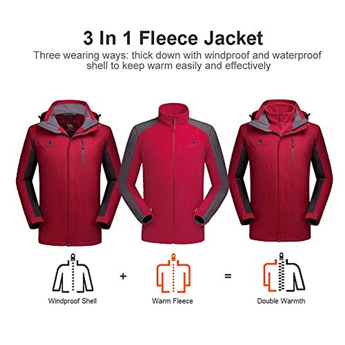 CAMEL CROWN Men’s Ski Jacket 3 in 1 Waterproof Winter Jacket Snow Jacket Windproof Hooded with Inner Warm Fleece Coat