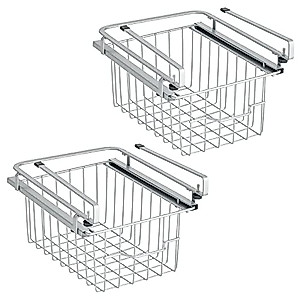 mDesign Metal Wire Extra Small Hanging Basket Pullout Drawer w/Handle; Sliding Under Shelf Storage Organizer Rack for Kitchen, Cabinet, Pantry; Attaches to Shelves, Easy Install - 2 Pack - Silver